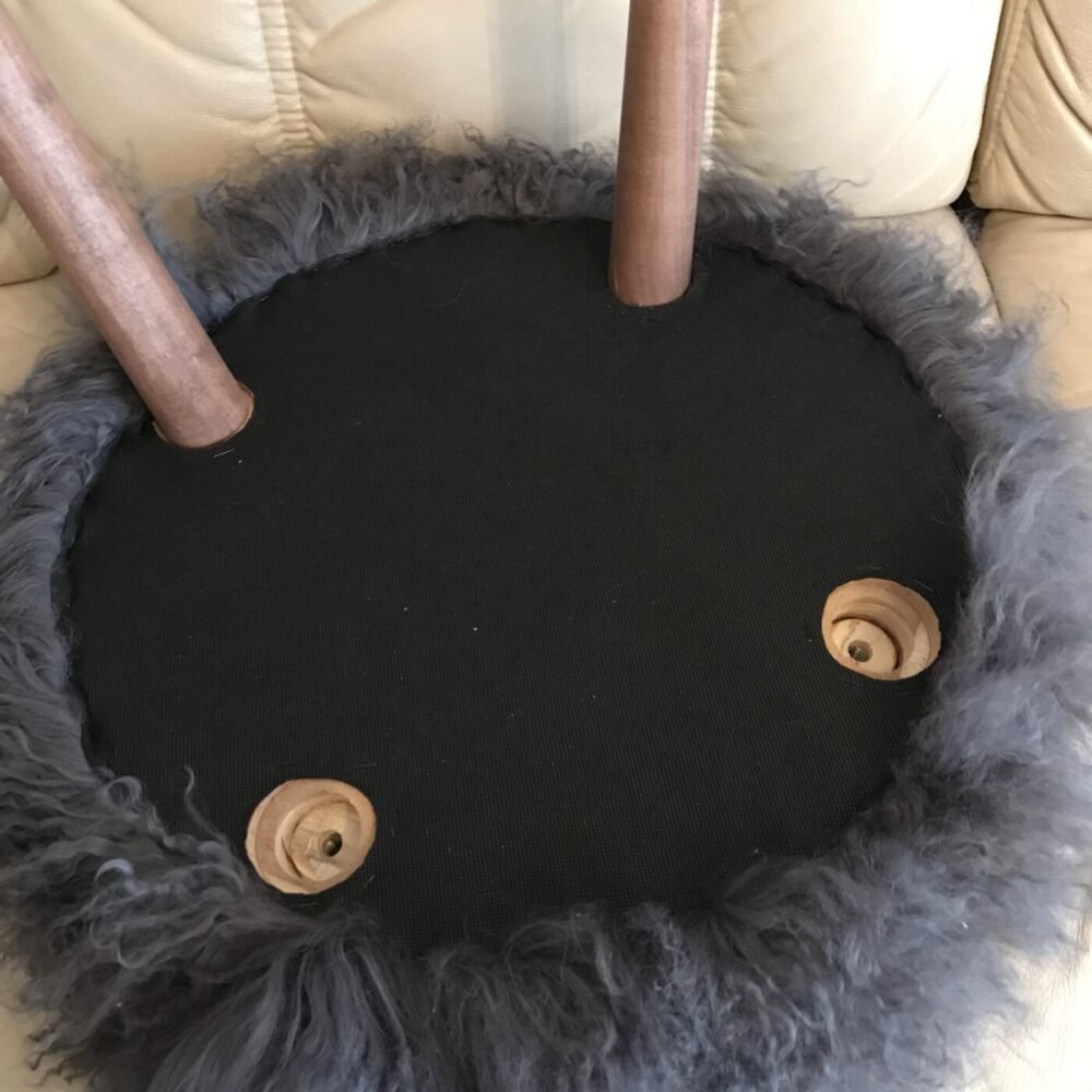 ROUND GREY GENUINE MONGOLIAN SHEEPSKIN WOOL FUR STOOL CHAIR WITH WOODEN ...