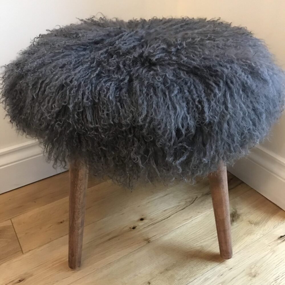 ROUND GREY GENUINE MONGOLIAN SHEEPSKIN WOOL FUR STOOL CHAIR WITH WOODEN ...